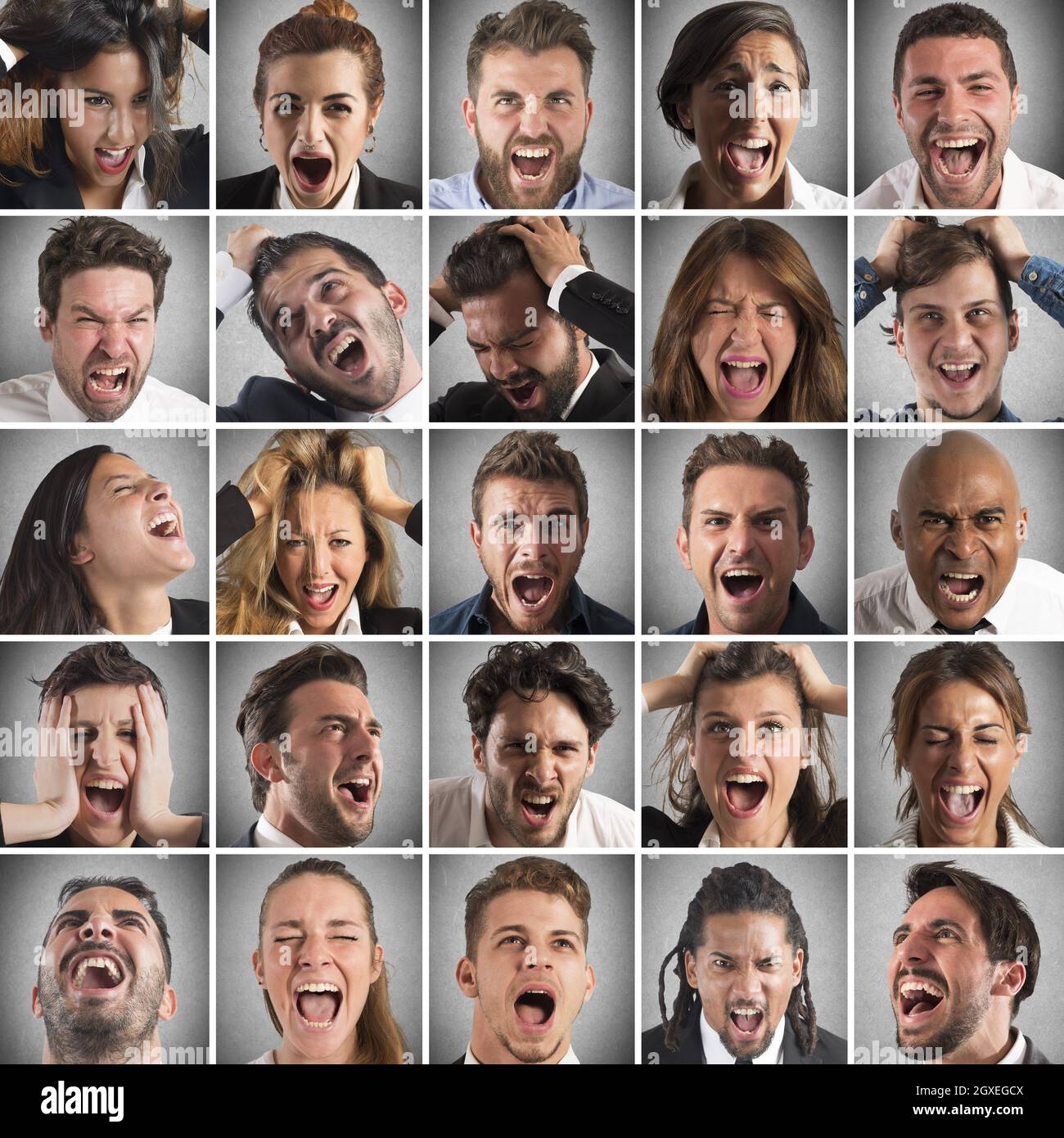 Portraits collage of people faces who scream Stock Photo - Alamy