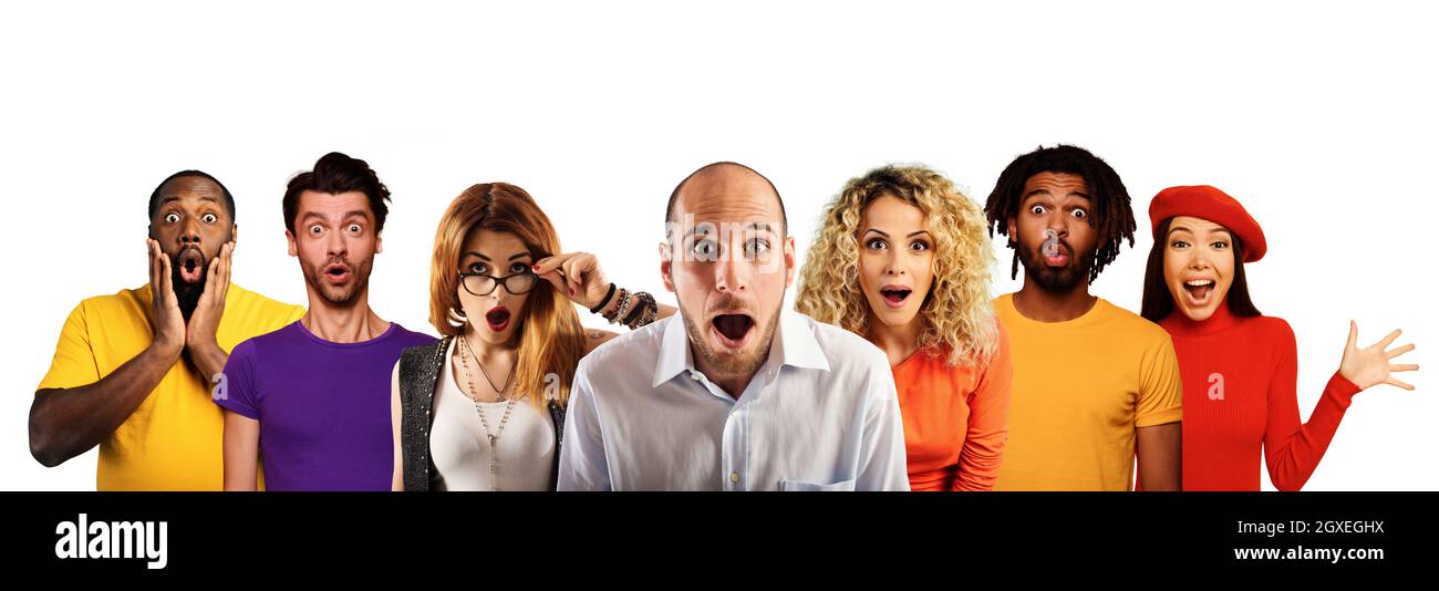 People with wondered, surprised and happy expression are shocked ...