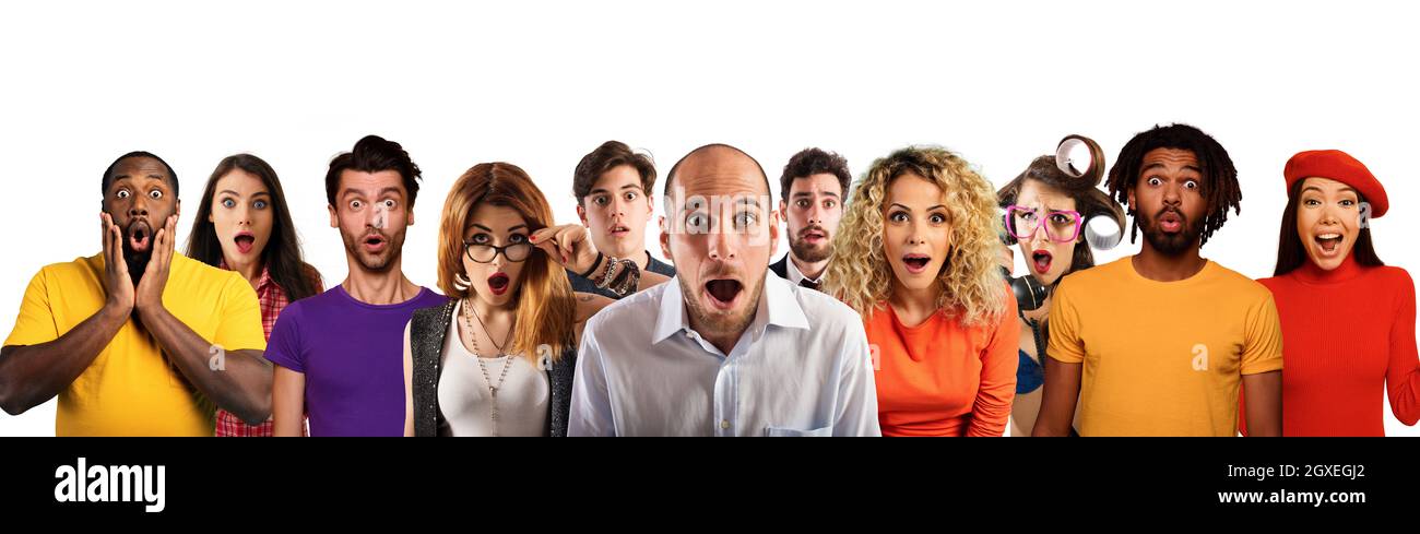 People with wondered, surprised and happy expression are shocked ...