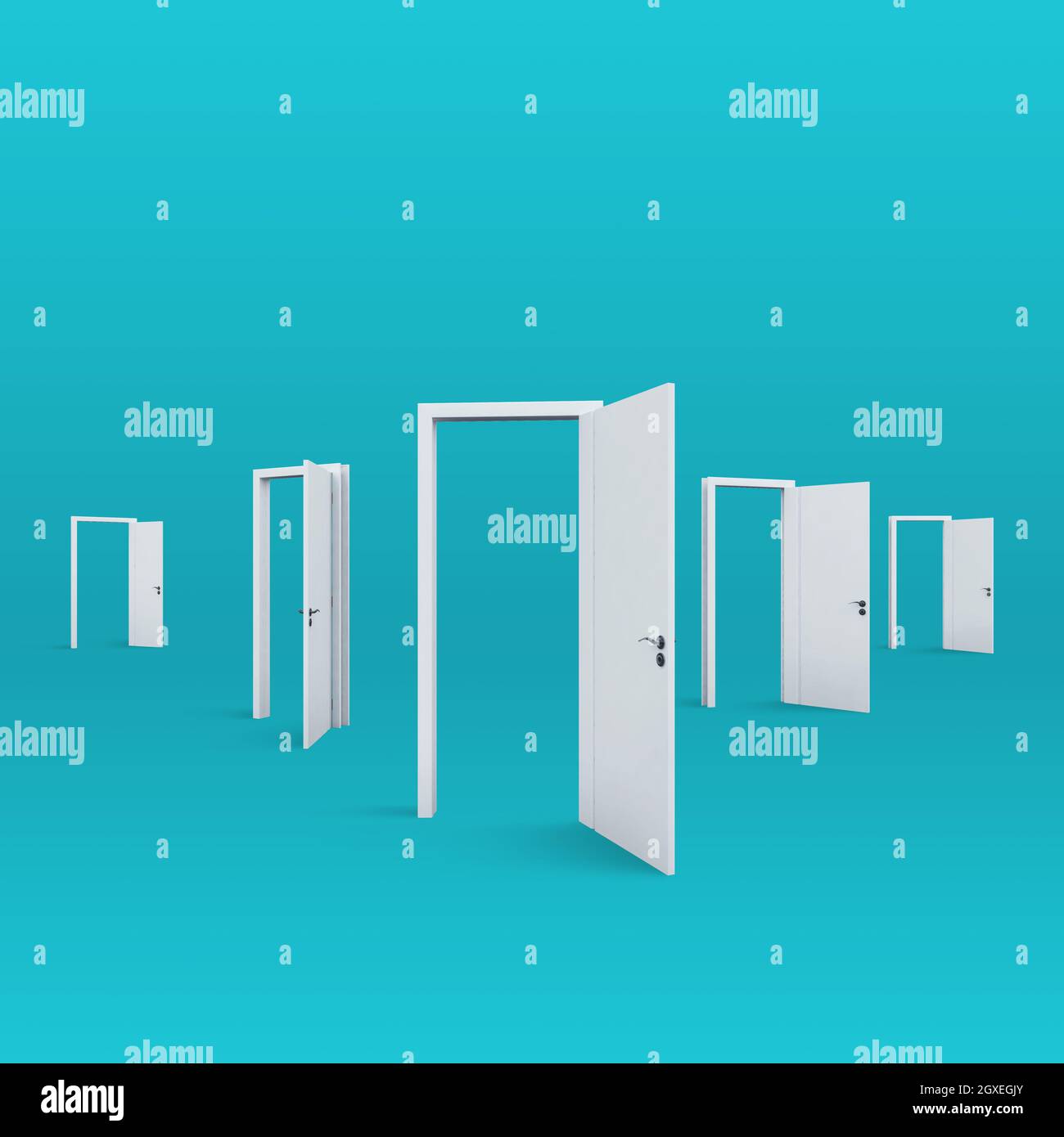 Multiple white and open doors on cyan background Stock Photo - Alamy