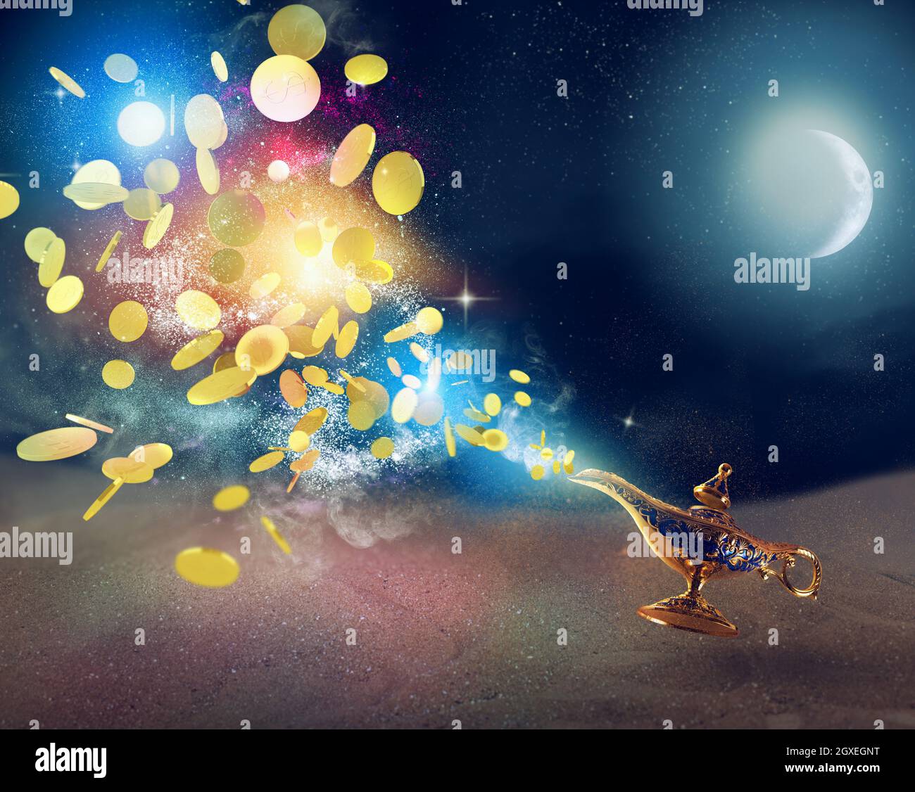 Gold coins exists from aladdin genie lamp in a desert Stock Photo - Alamy