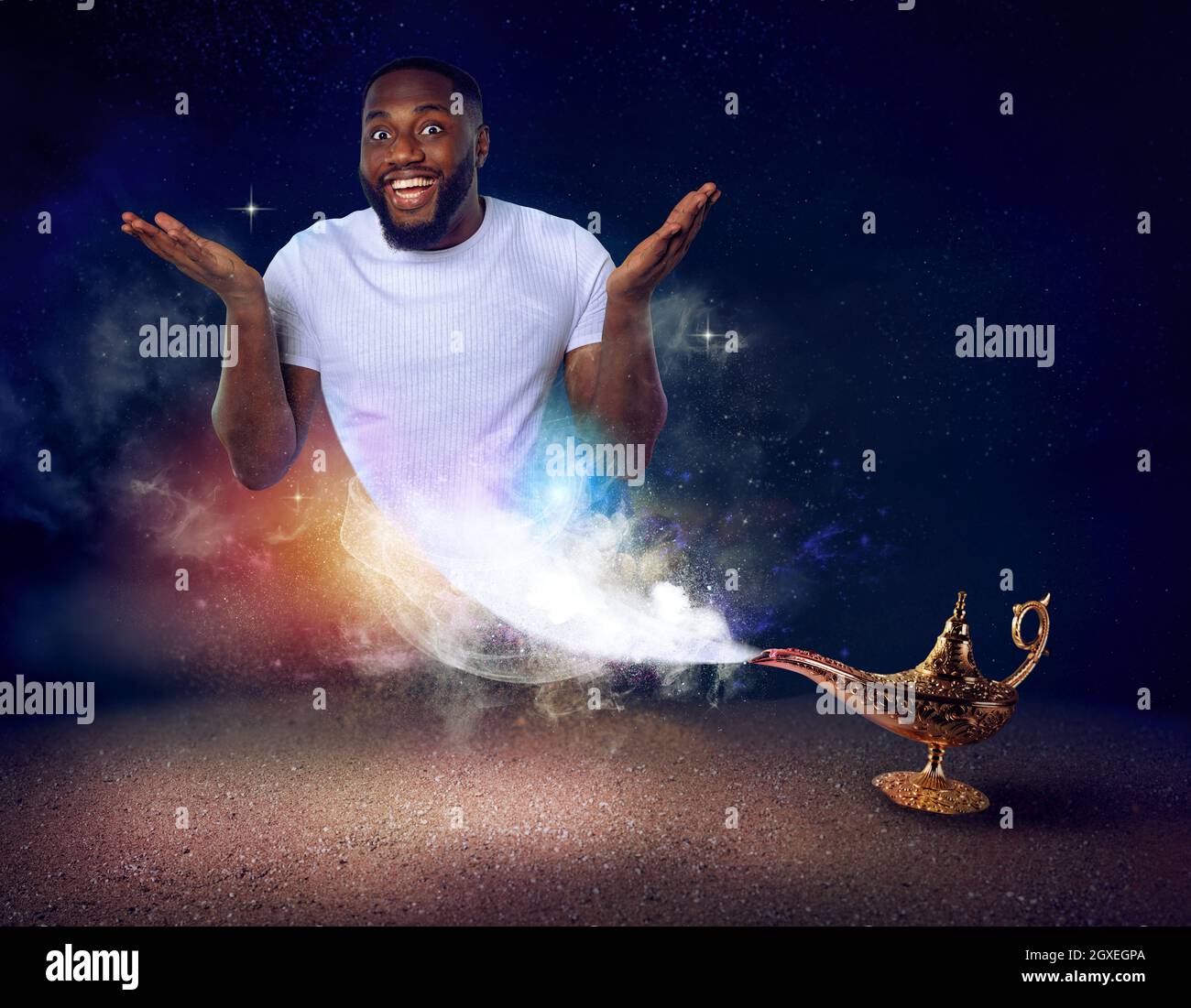 Smoke exists from aladdin genie lamp in a desert Stock Photo - Alamy