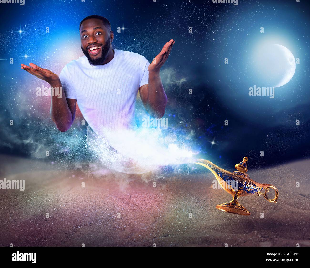 Smoke exists from aladdin genie lamp in a desert Stock Photo - Alamy