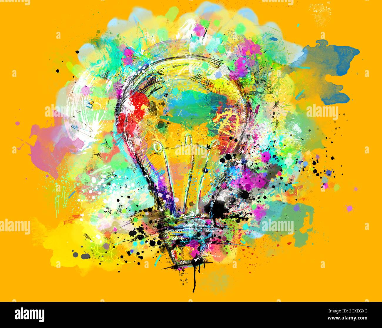 Big stylized light bulb on yellow background drawn with splashes of ...