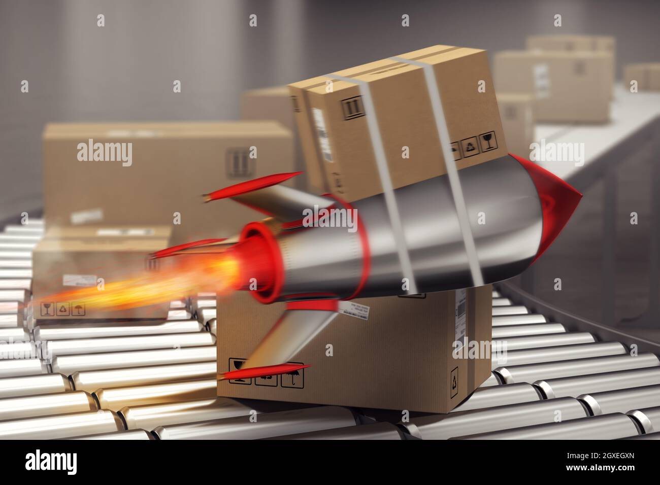 Package starts to fly like a rocket. concept of priority shipping Stock ...