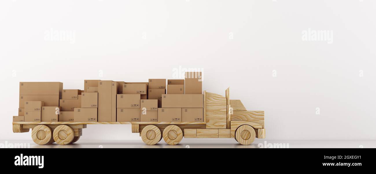 Delivery of boxes on a white background with a lorry Stock Photo - Alamy