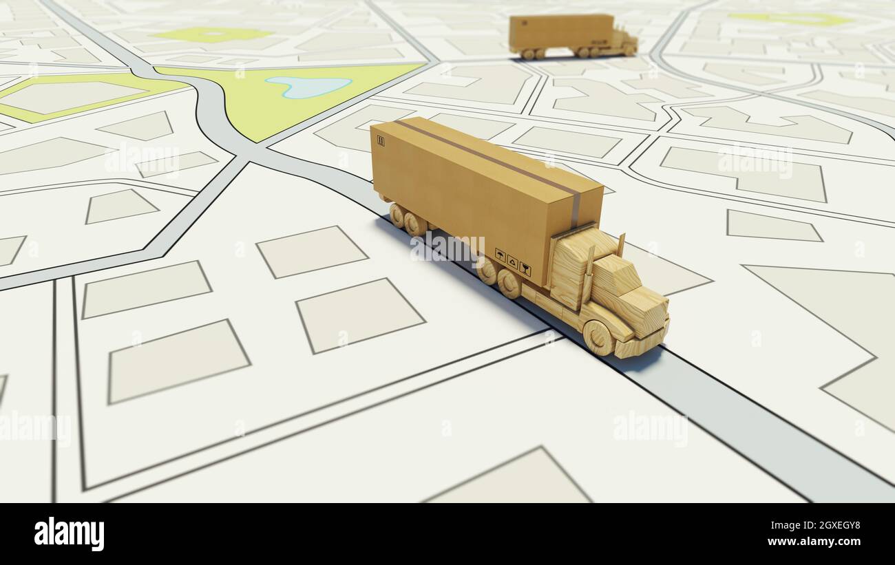 Delivery of a large box on a road map with a lorry Stock Photo - Alamy