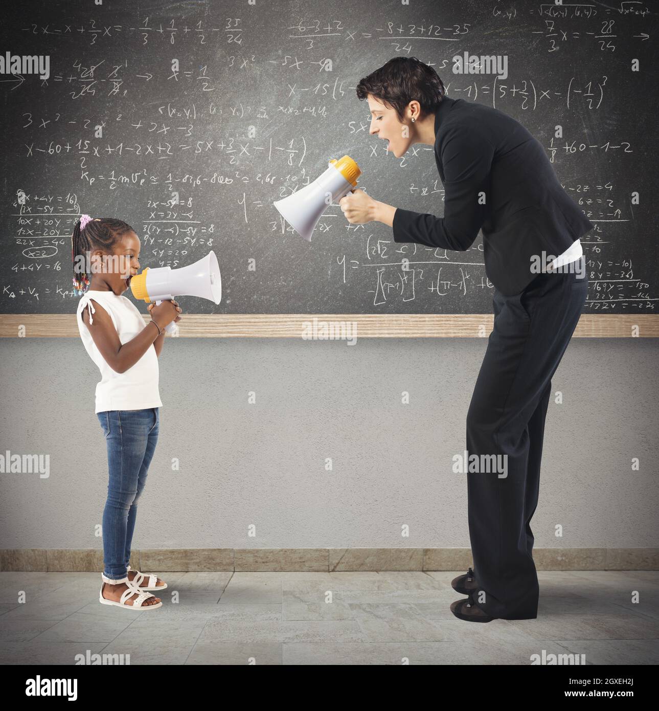 Child and teacher screaming at the megaphone Stock Photo - Alamy