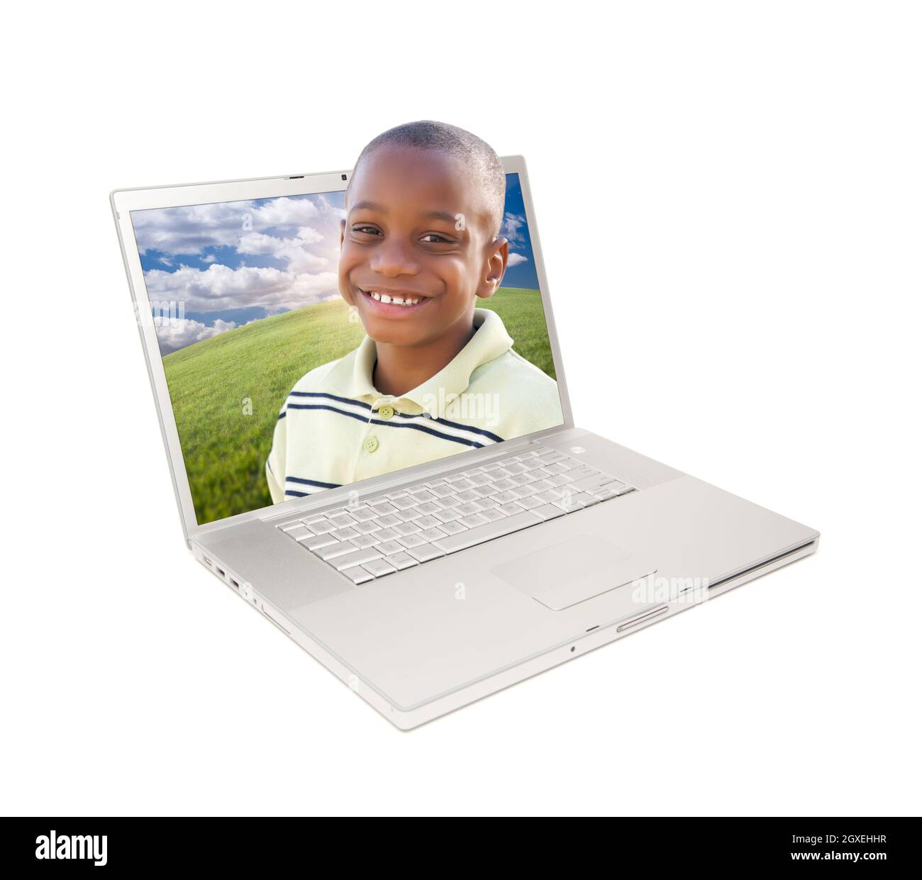 Happy African American Boy in Laptop Screen Isolated on White Stock ...