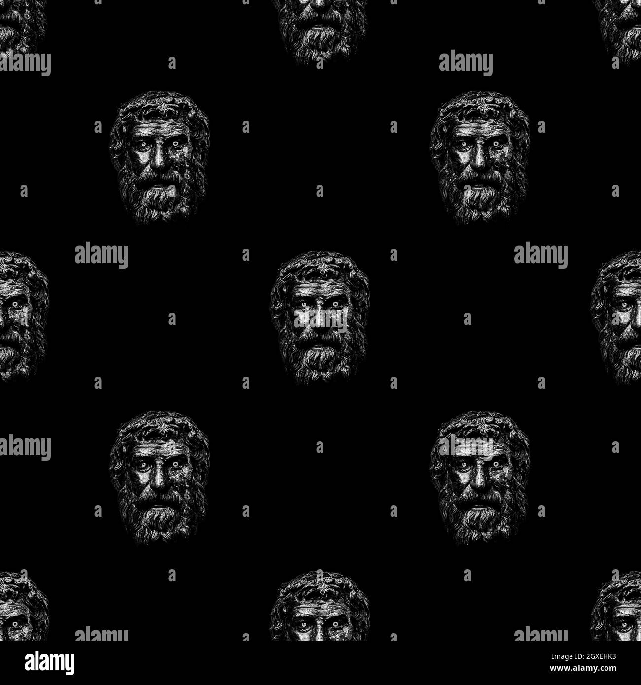 Black and grey colors zeus head sculpture motif seamless pattern Stock ...