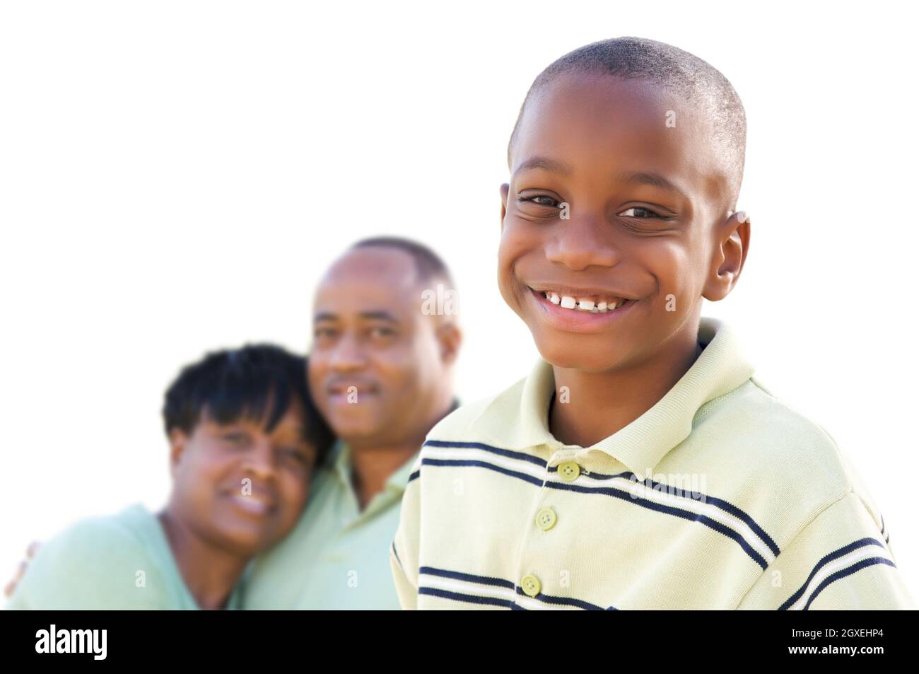 Handsome African American Boy with Parents Isolated on a White ...