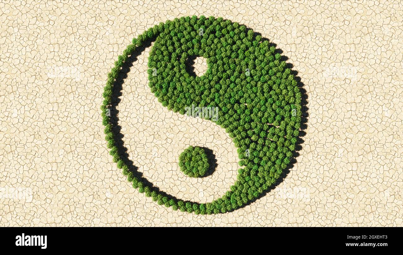 Concept or conceptual group of green forest tree on dry ground ...