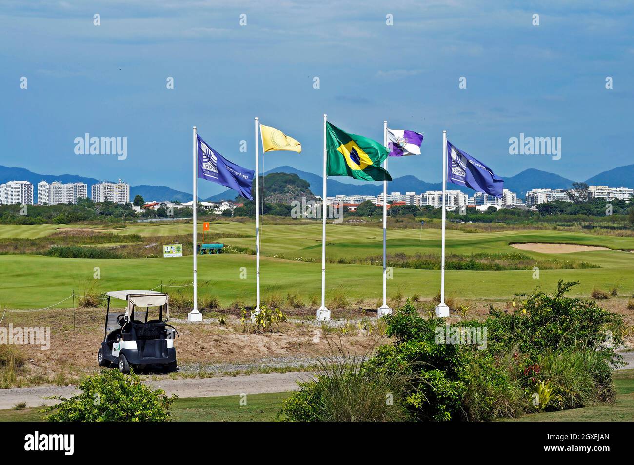 RIO DE JANEIRO, BRAZIL - JANUARY 08, 2020: Flags in the wind and Parked ...