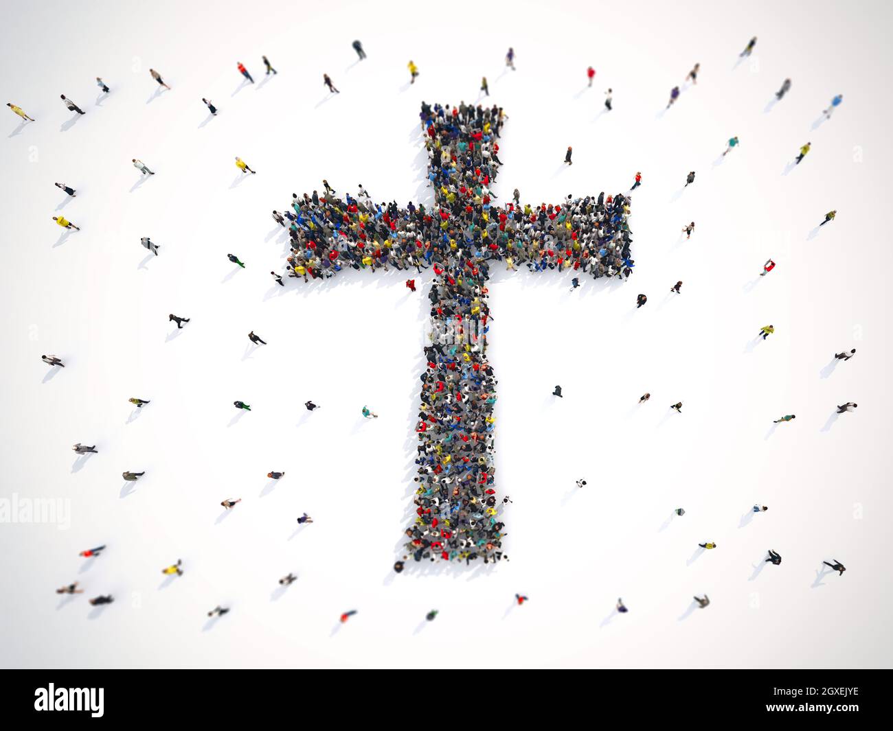 Many people together to create the shape of a crucifix. 3D Rendering ...