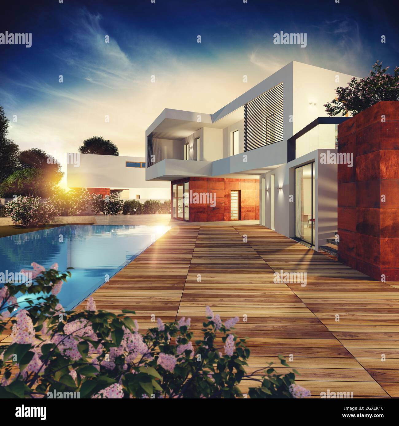 Exterior view of a modern villa with pool. 3D rendering Stock Photo - Alamy