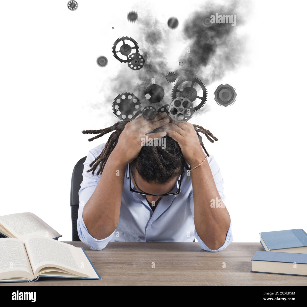 Broken man and tired from much study Stock Photo - Alamy
