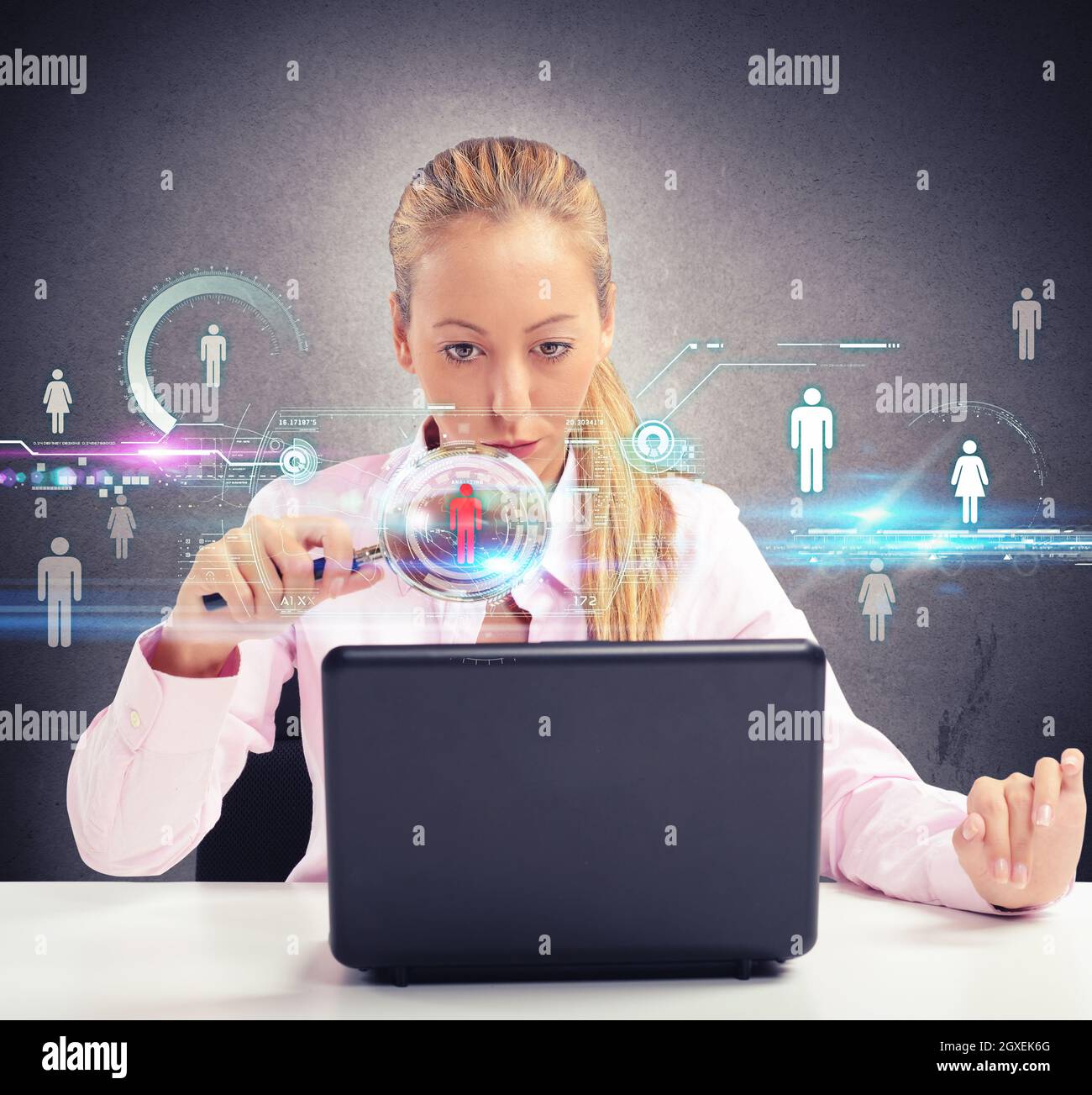 Woman looking carefully on social networks people Stock Photo - Alamy