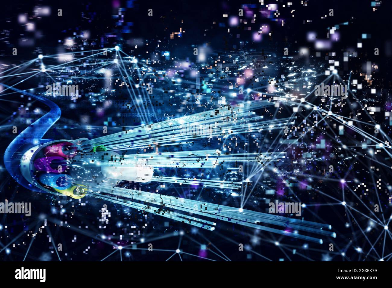 Image of optical fibers with digital effects. Concept of fast internet ...