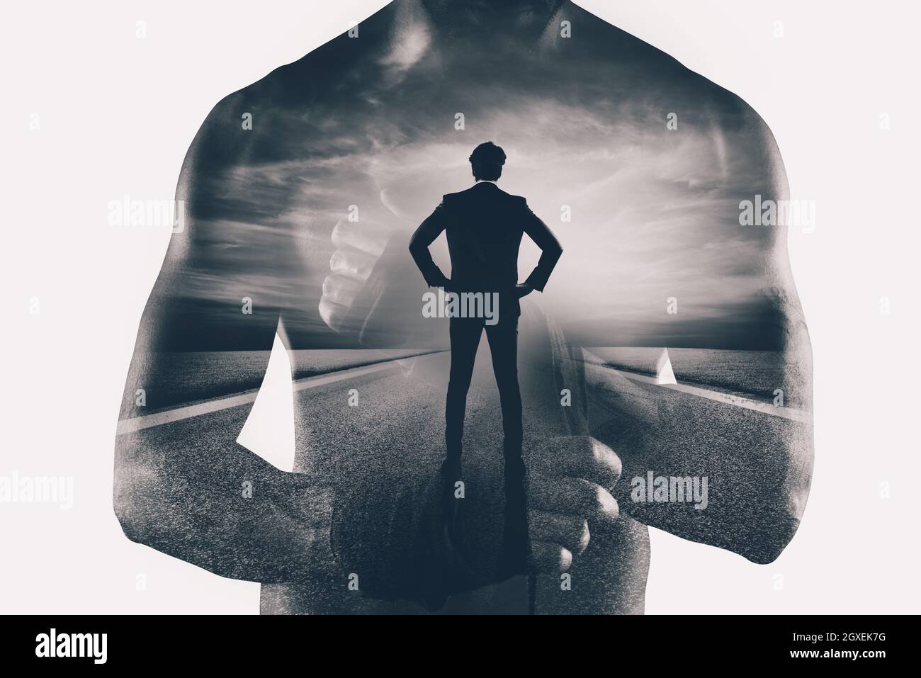 Power and determination of a fighter businessman. Double exposure photo ...