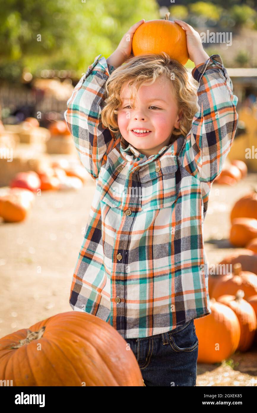 Adorable Little Boy Sitting and Holding His Pumpkin in a Rustic Ranch ...