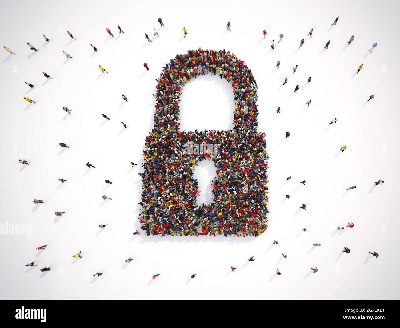 Group of people forms a closed lock, security concept. 3D rendering ...