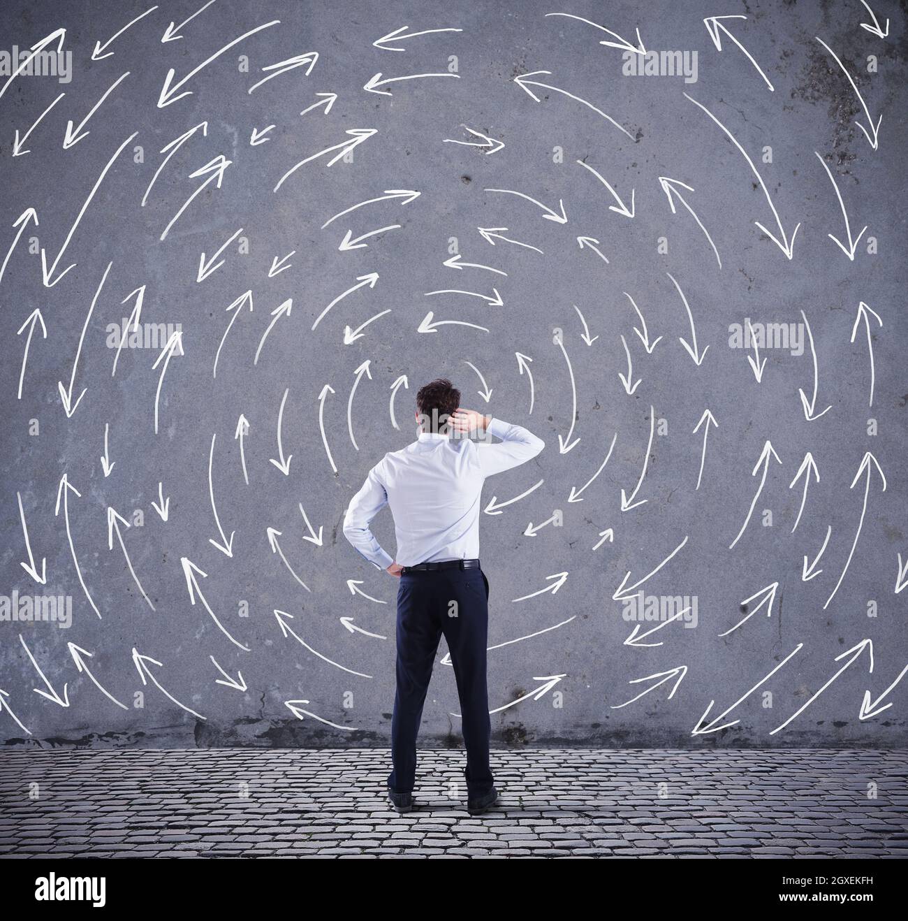 Confused businessman looking a wall with directional arrows. concept of ...