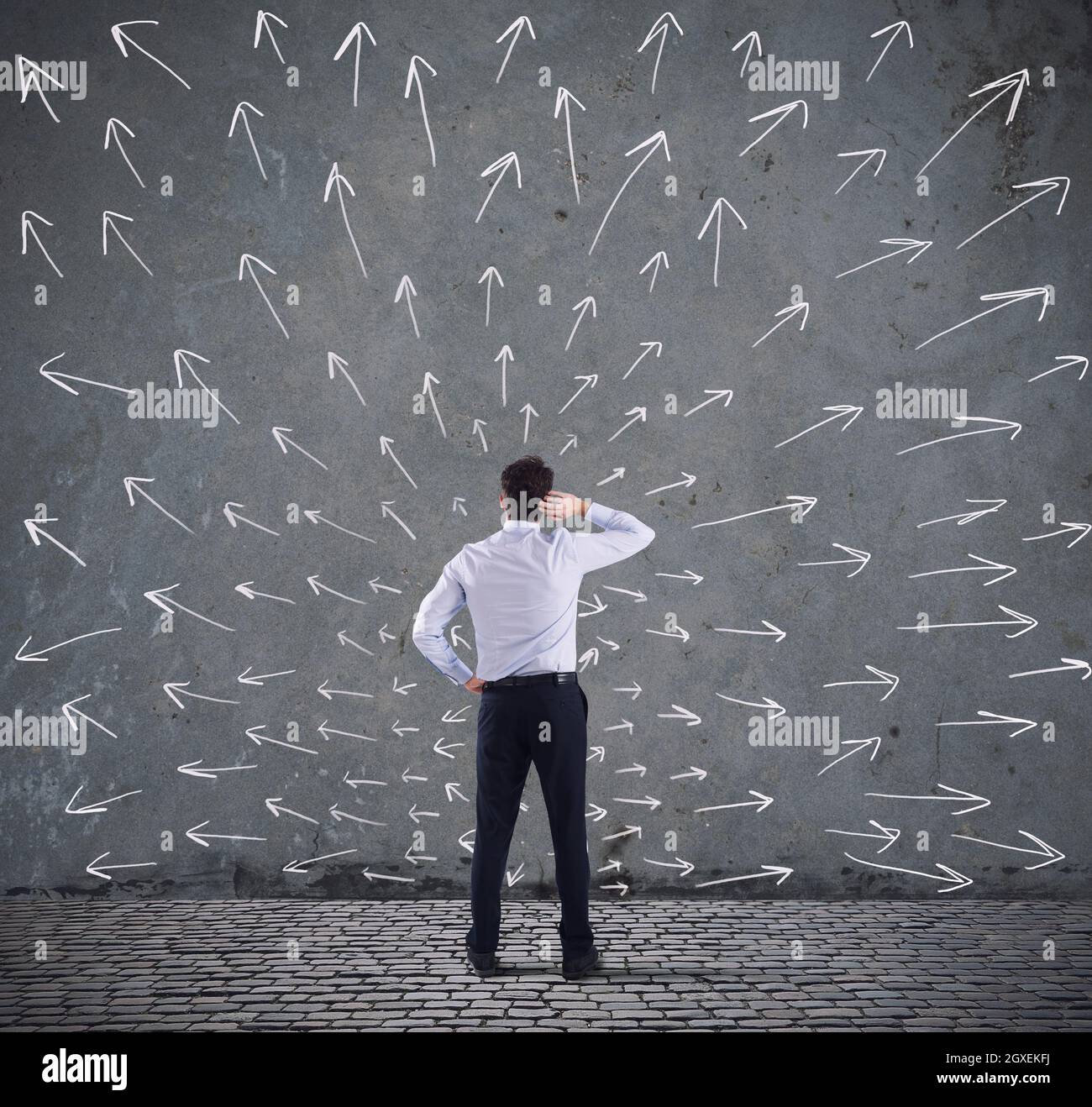 Confused Businessman Looking A Wall With Directional Arrows Concept Of