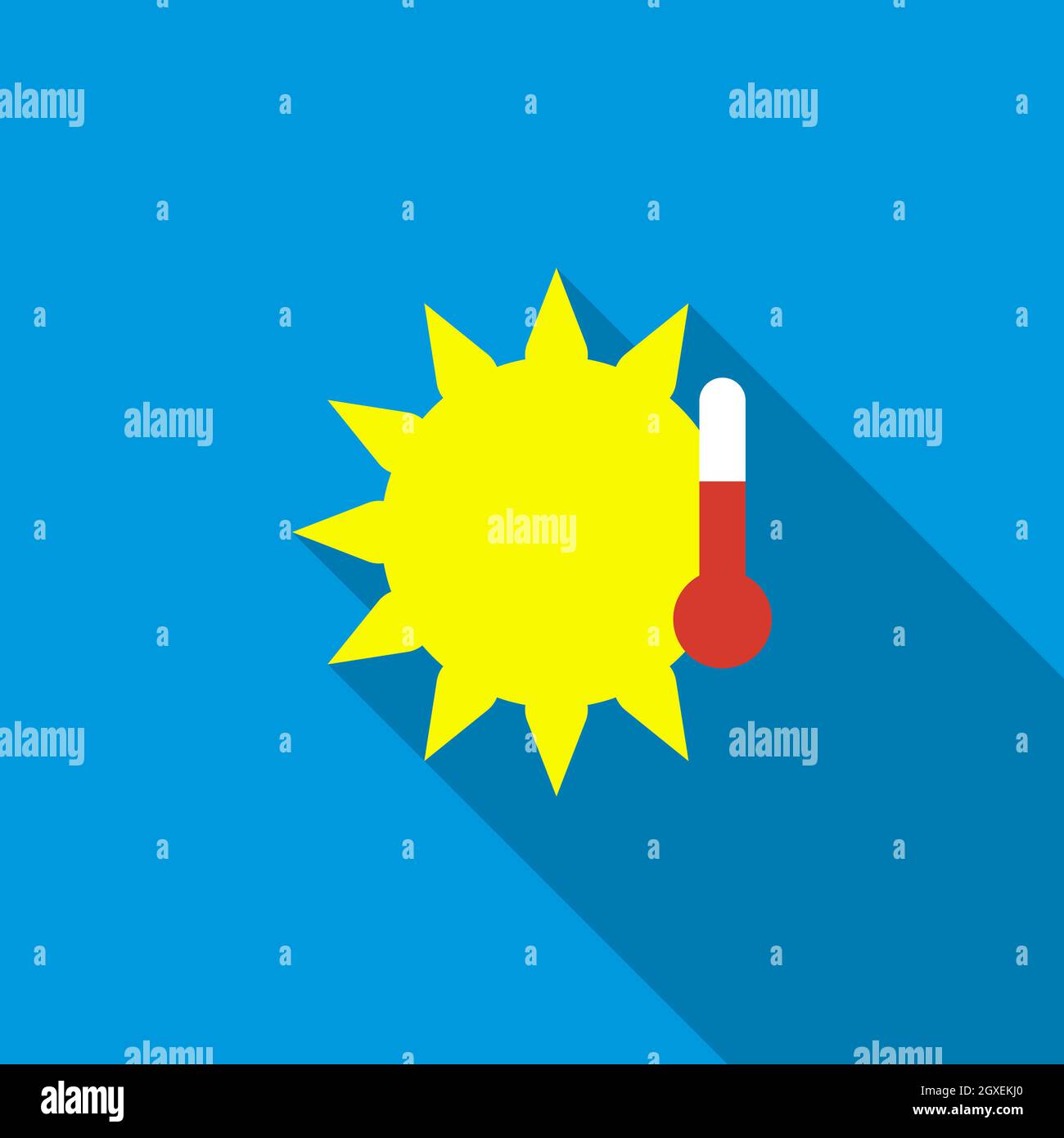 Sun with thermometer icon in flat style with long shadow. Summer and ...