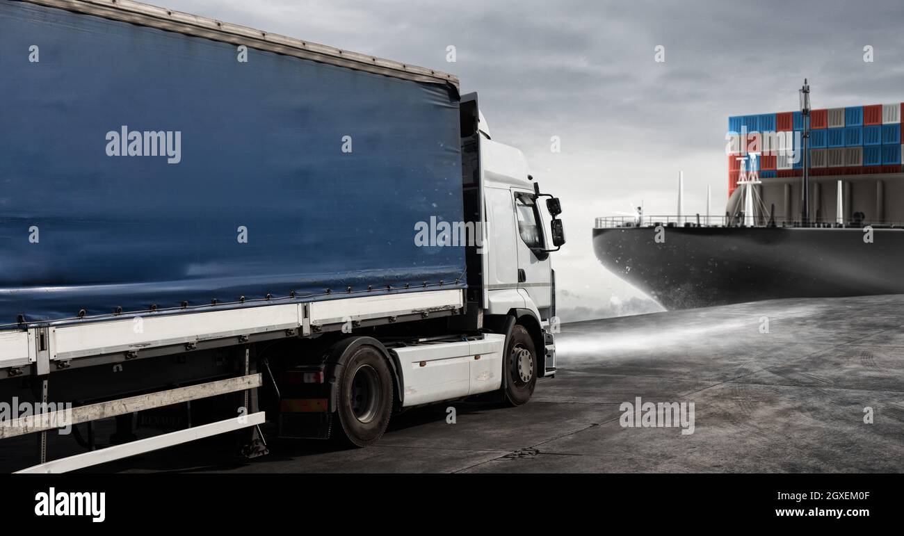 Truck and cargo ship ready to start to deliver packages Stock Photo - Alamy