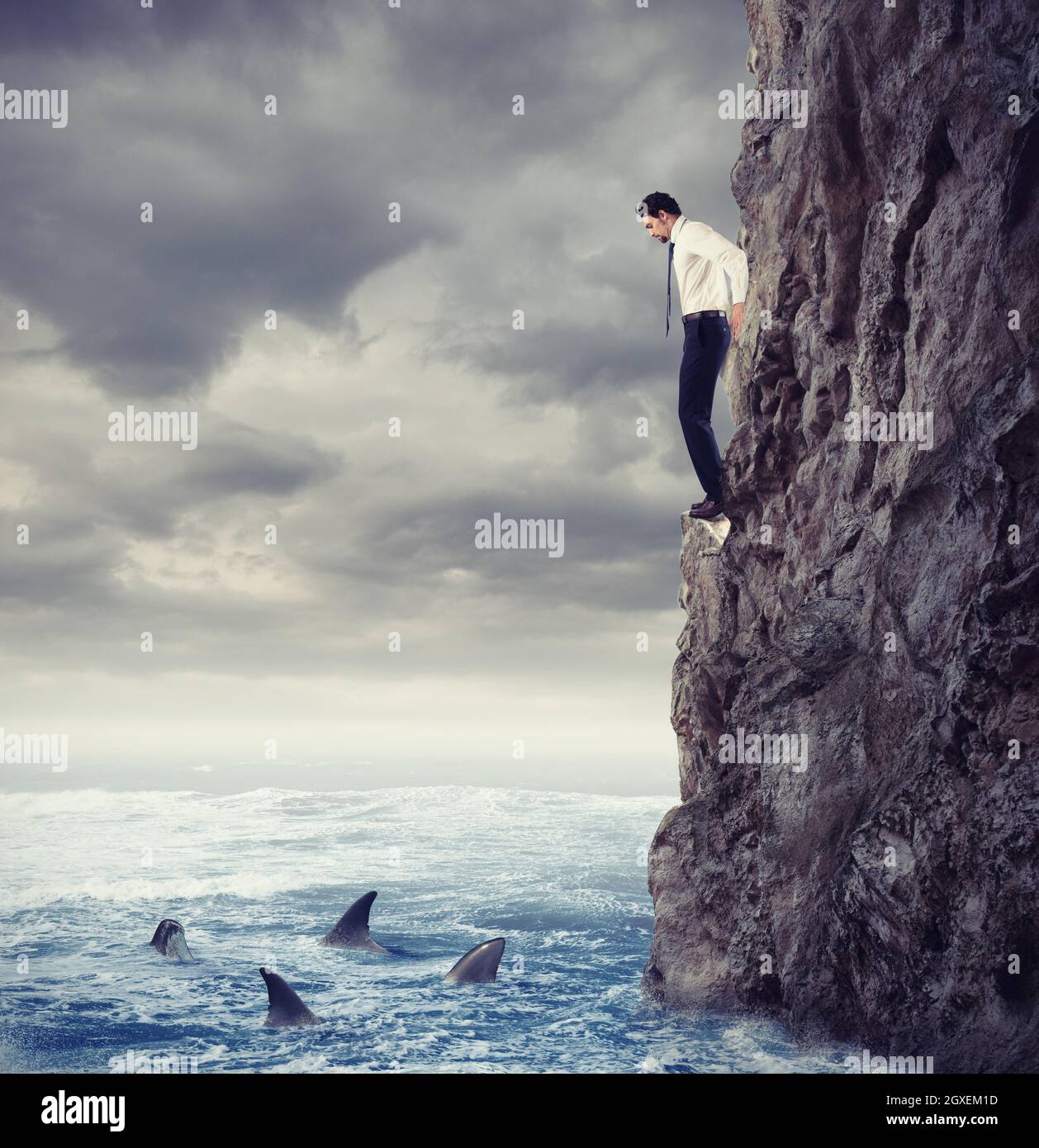 Businessman is likely to fall into the deep sea with shark. Risks and ...