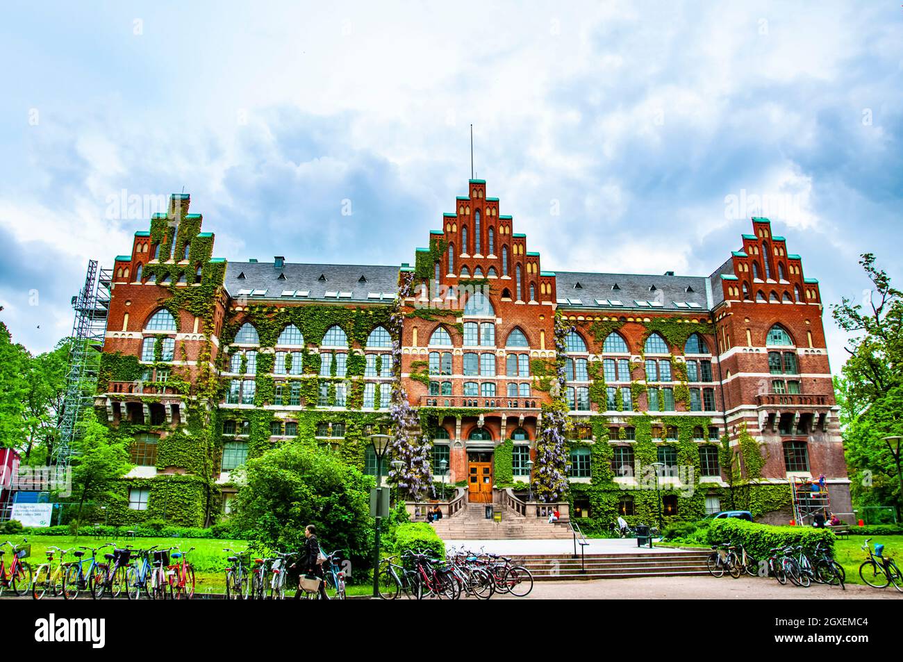 Library building of Lund university with beautiful facade and green ivy ...