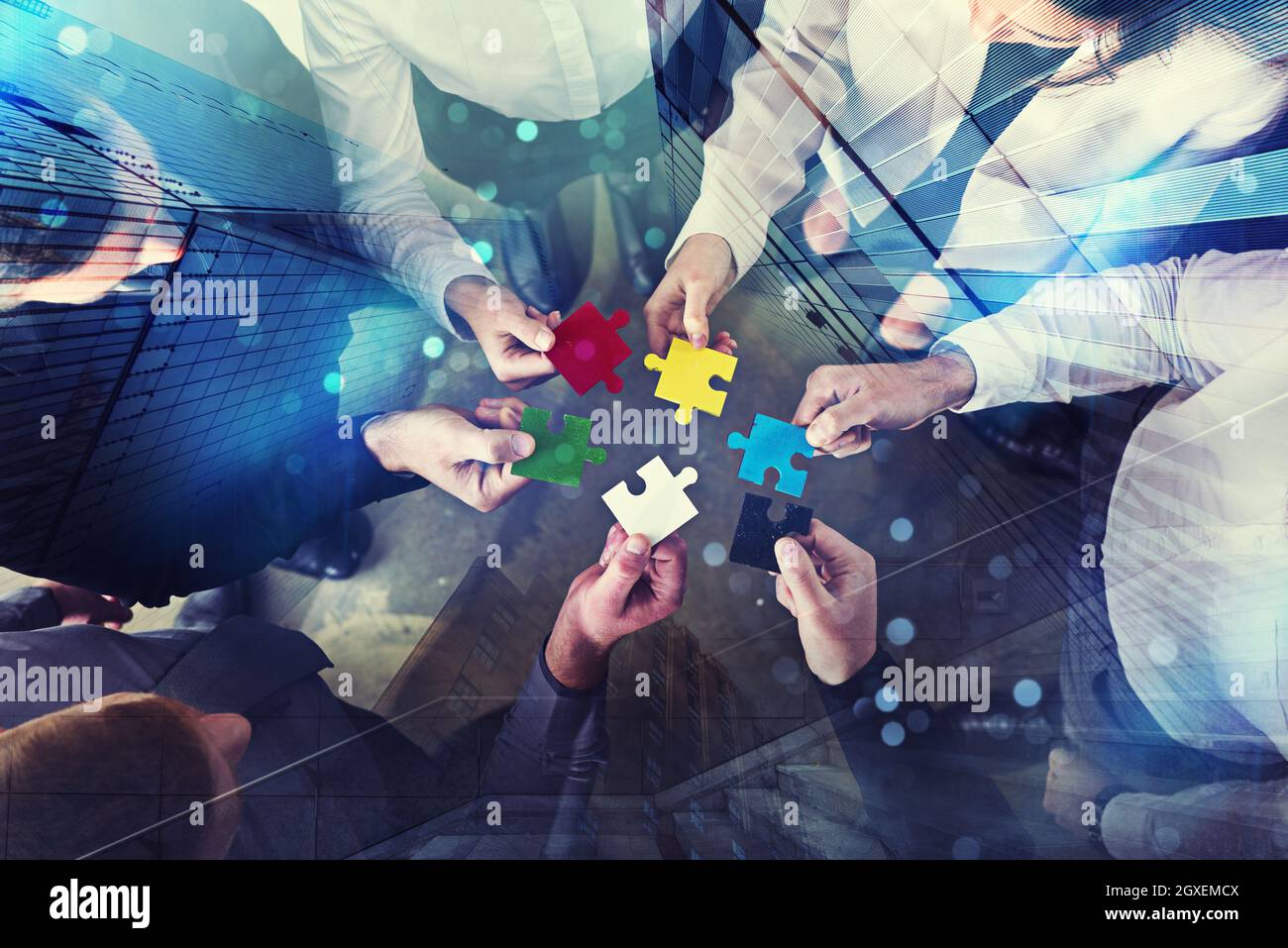 Business people collaborate together in office. Double exposure effects ...