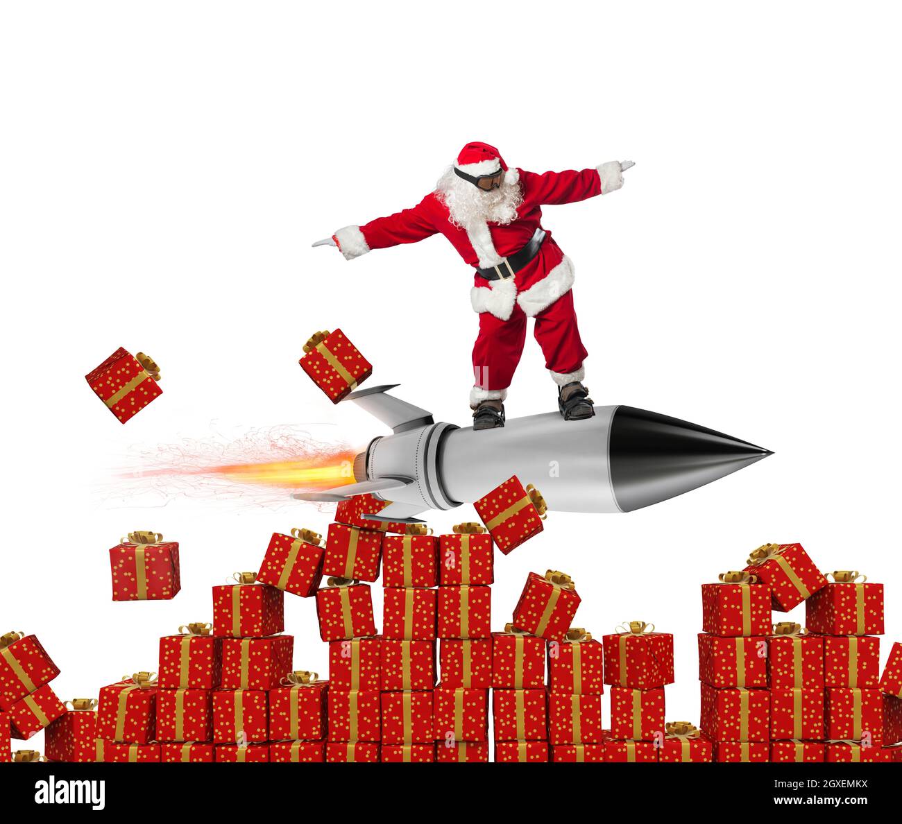 Santa Claus with gift. Santa Claus box ready to fly with a rocket in ...