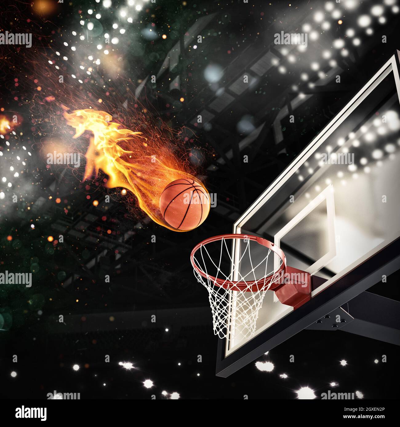 Fiery ball goes fast to the basket at the stadium Stock Photo - Alamy