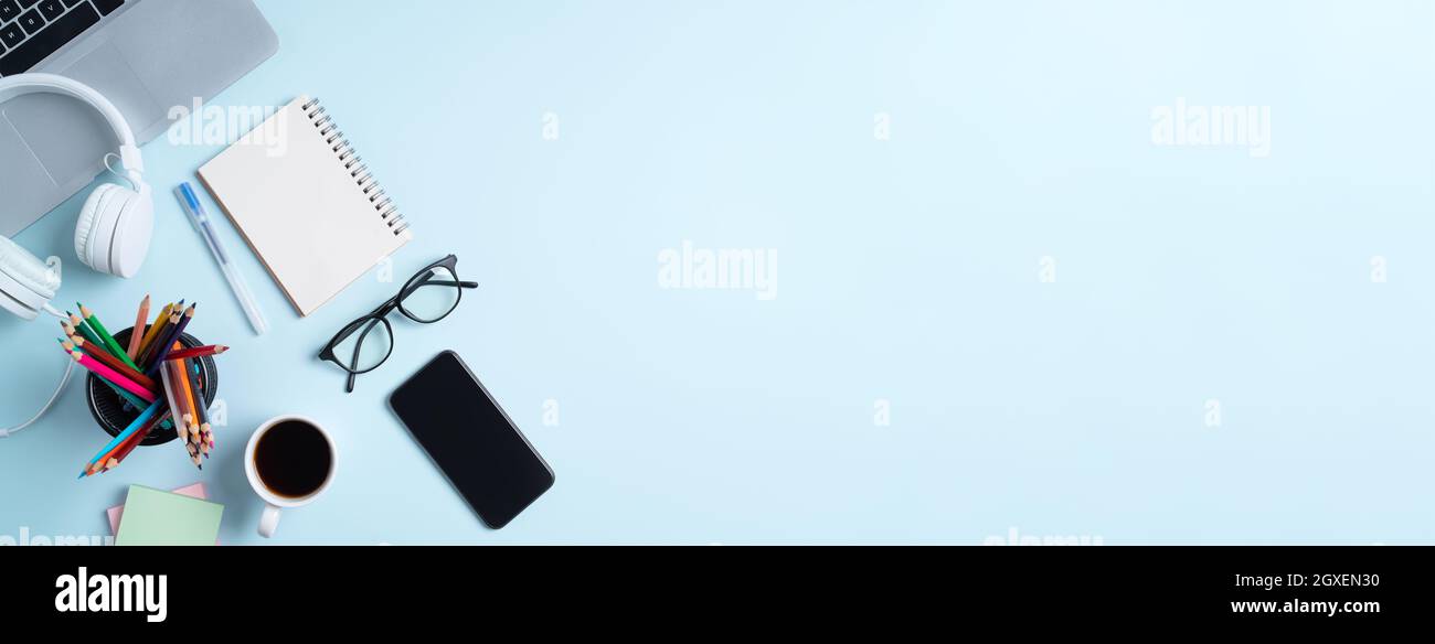 Online learning design concept. Top view of student table with computer ...