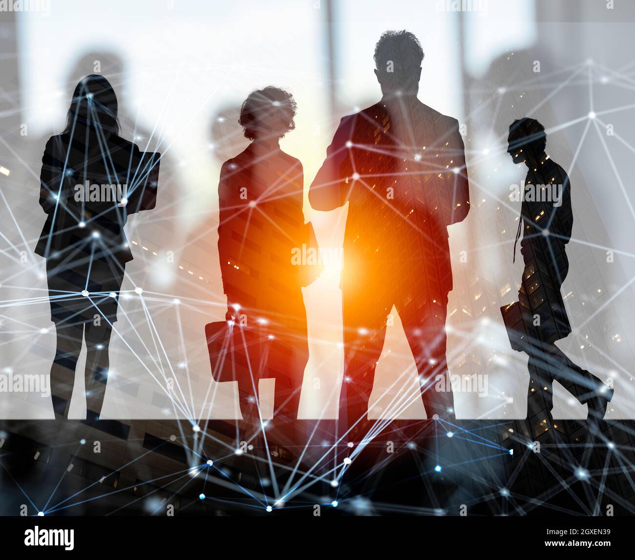 Business people work together in office with skyscraper on background ...
