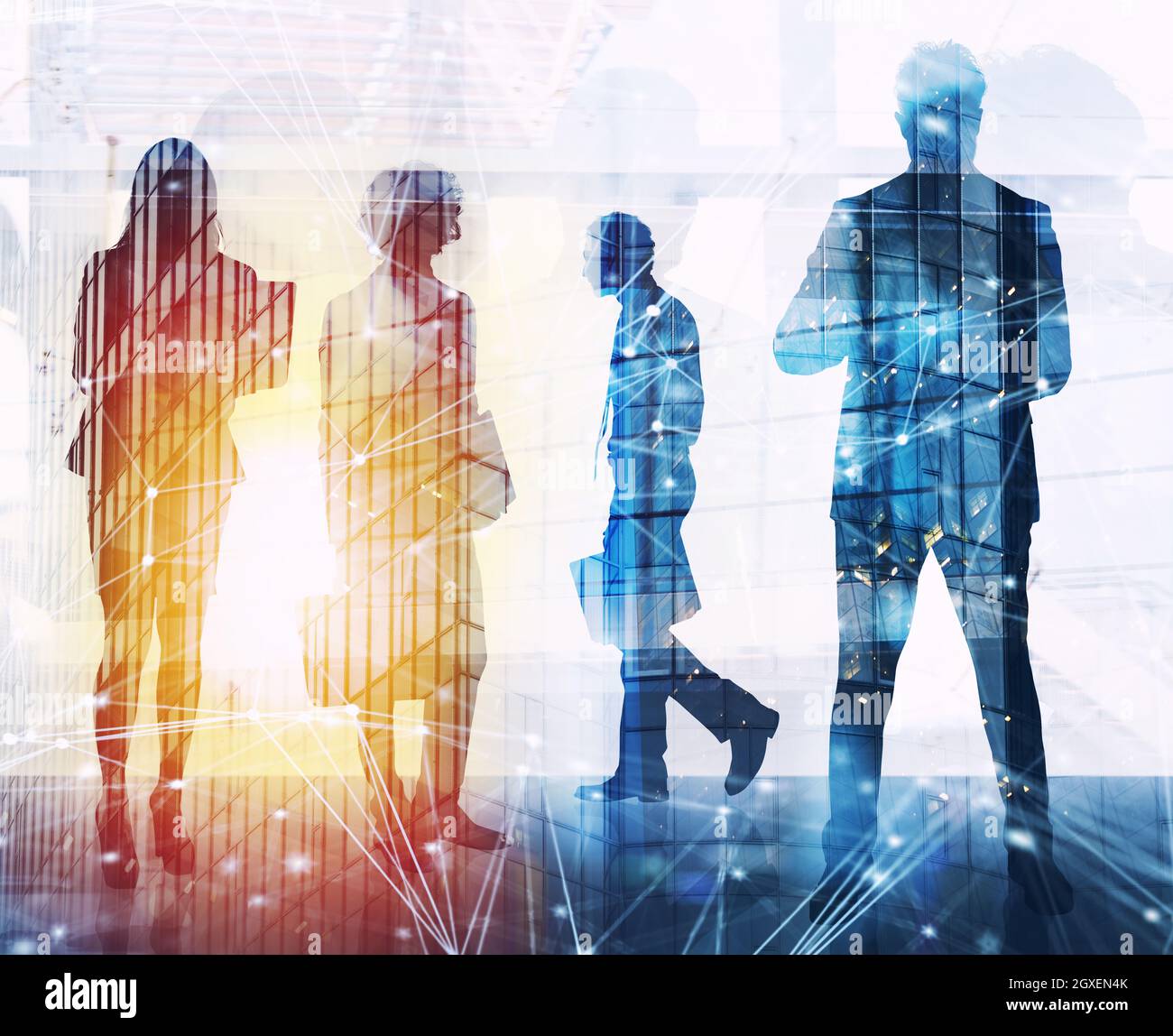 Business people work together in office with skyscraper on background ...