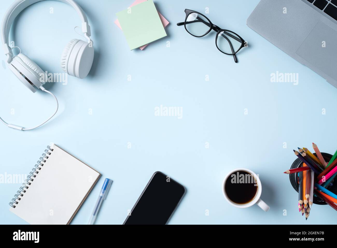 Online learning design concept. Top view of student table with computer ...