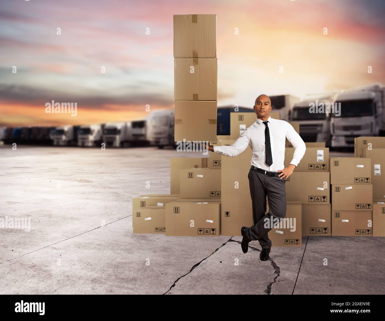 Businessman holds a pile of packages in a hand. concept of fast and ...