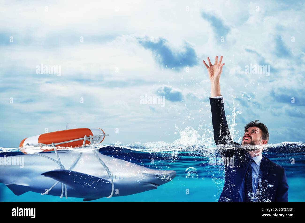 Shark with lifebelt and desperate drowning man in the deep ocean Stock ...