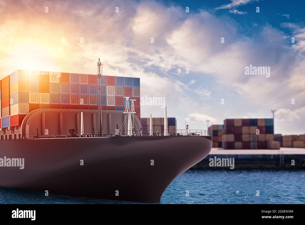 Cargo ship at the port ready to start to deliver packages. 3d rendering ...