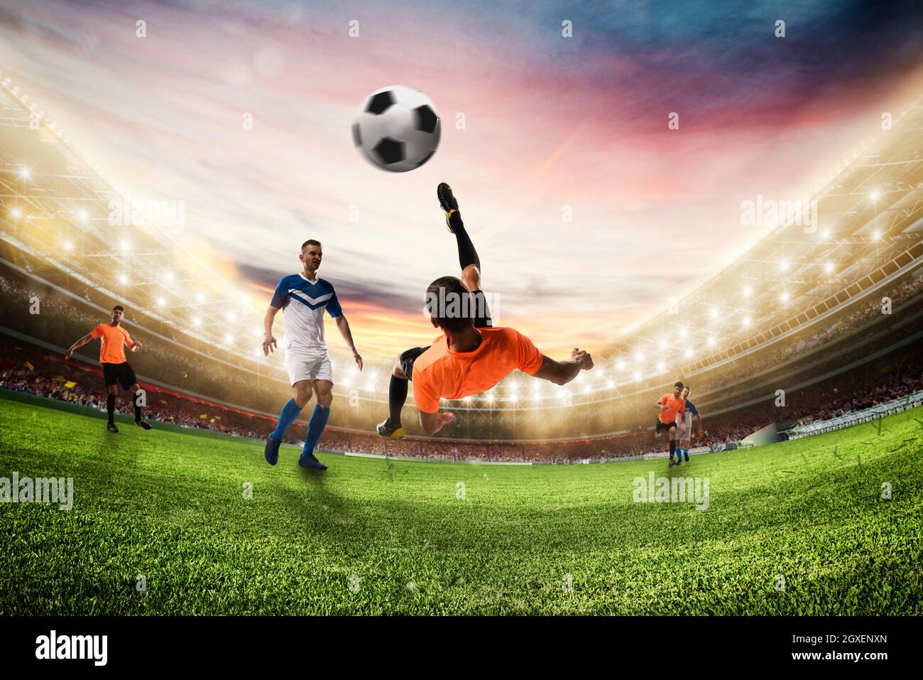Football scene with competing football players at the stadium. 3D ...