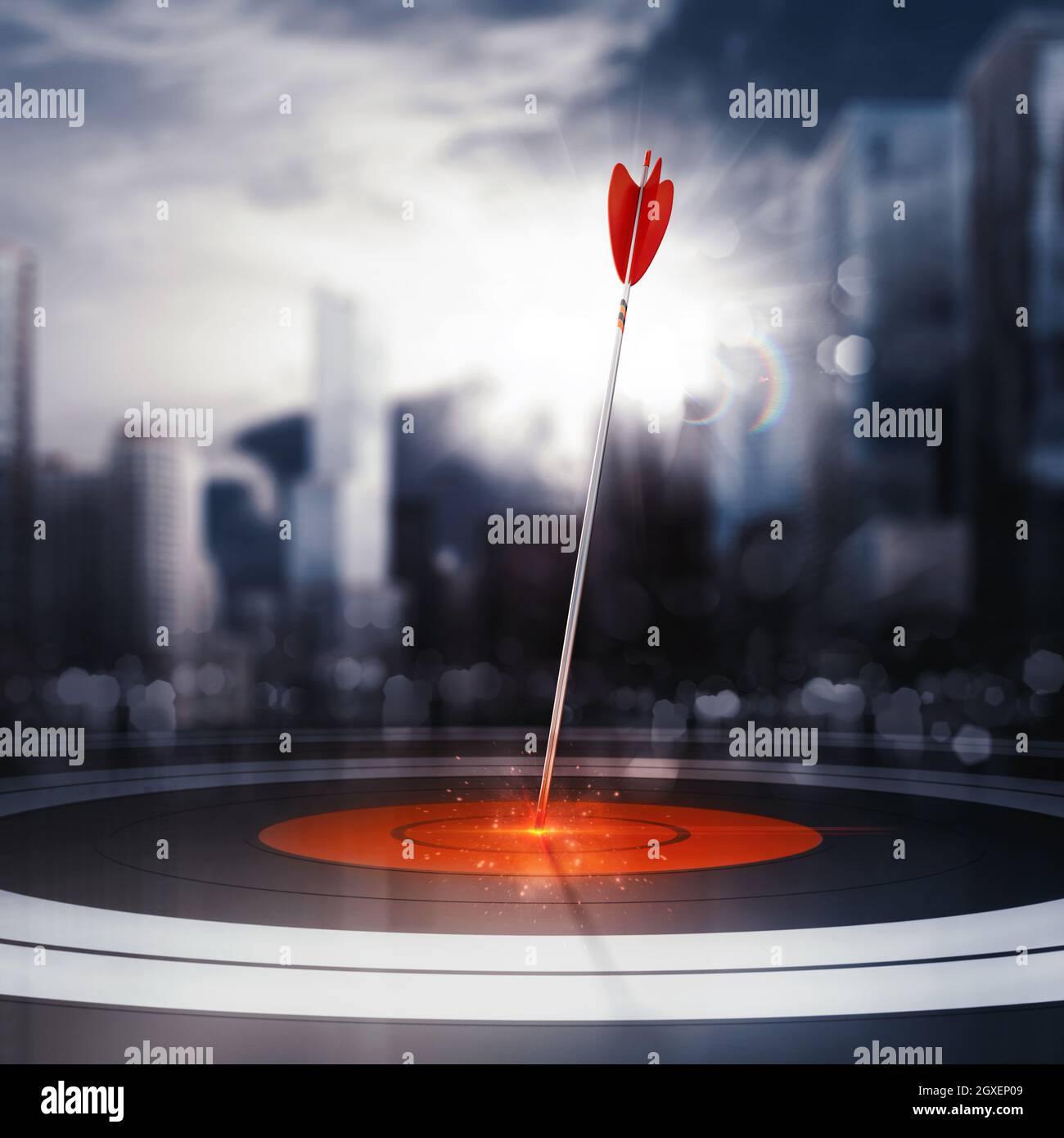 Target hit in the middle by arrow. Business concept of victory. 3D ...