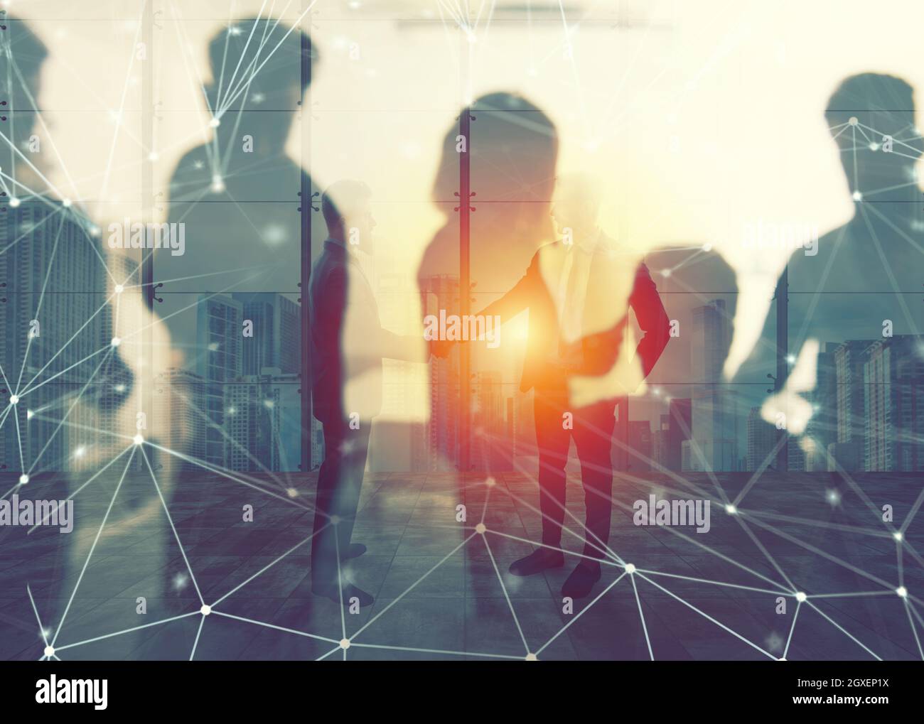 Handshaking business person in the office with network effect. concept ...
