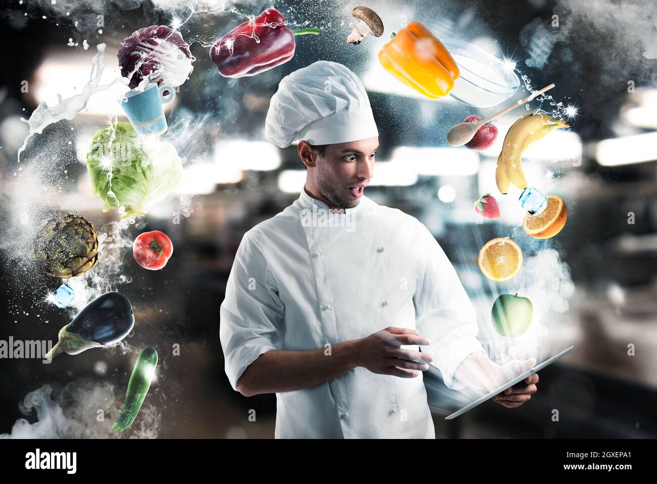 Chef looks stunned the tablet with fruits and vegetables Stock Photo ...