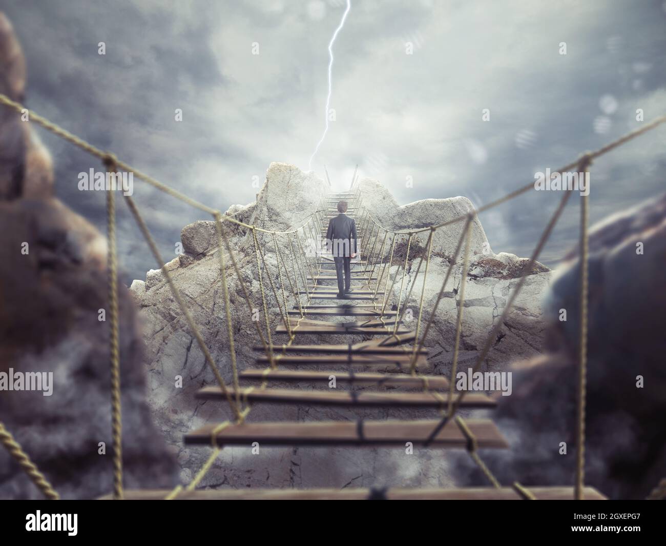 3D Rendering of man walks over a crumbling bridge Stock Photo - Alamy