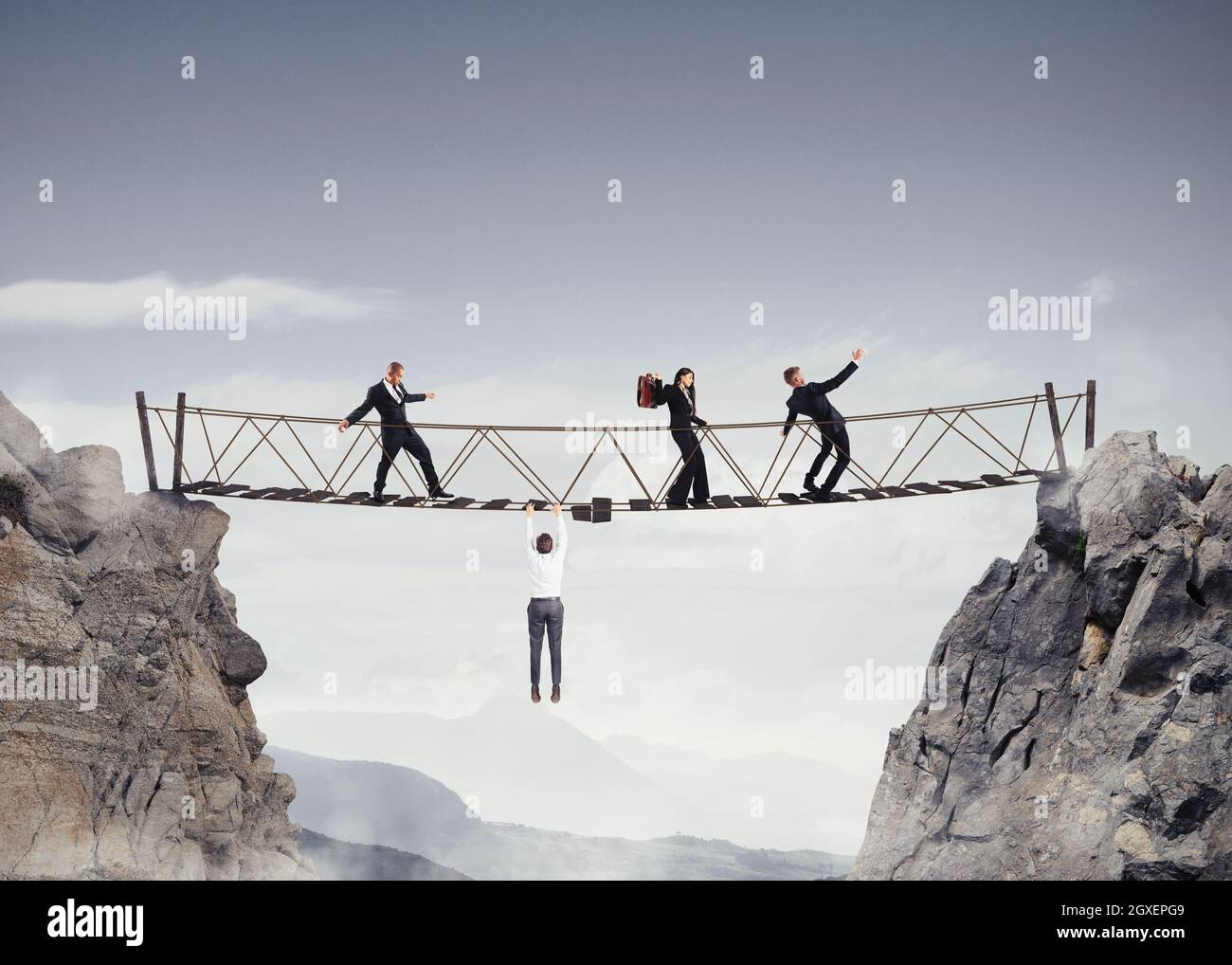 3D Rendering of people walking over a crumbling bridge Stock Photo - Alamy