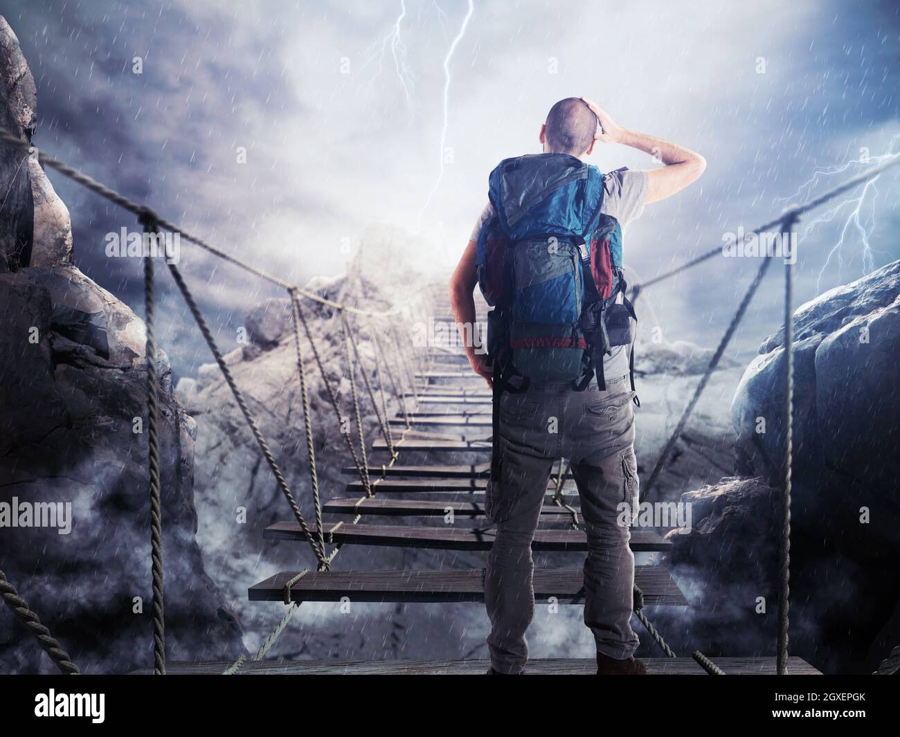 3D Rendering of explorer walks over a crumbling bridge Stock Photo - Alamy