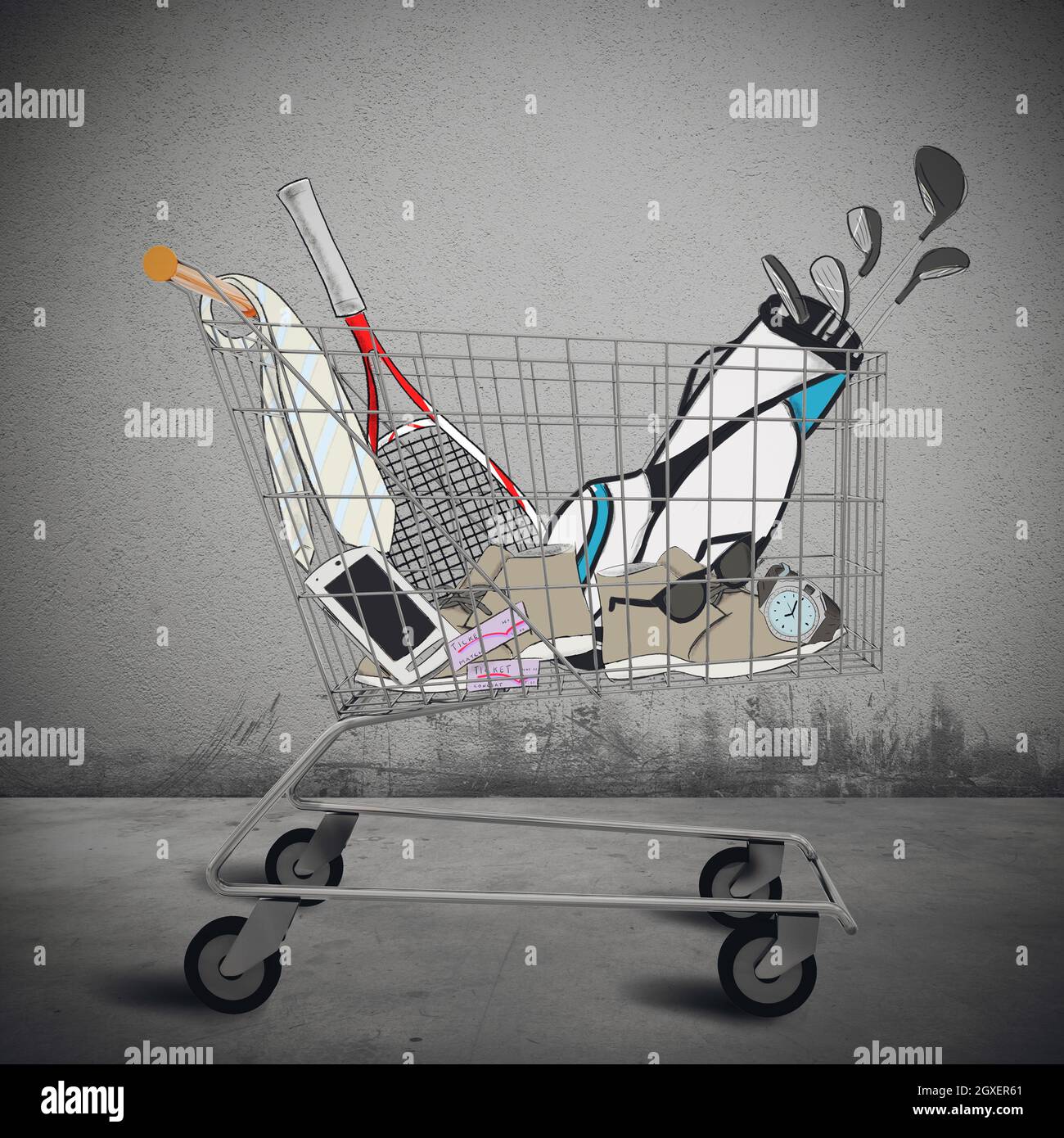 Shopping cart full of purchases and tenders Stock Photo - Alamy
