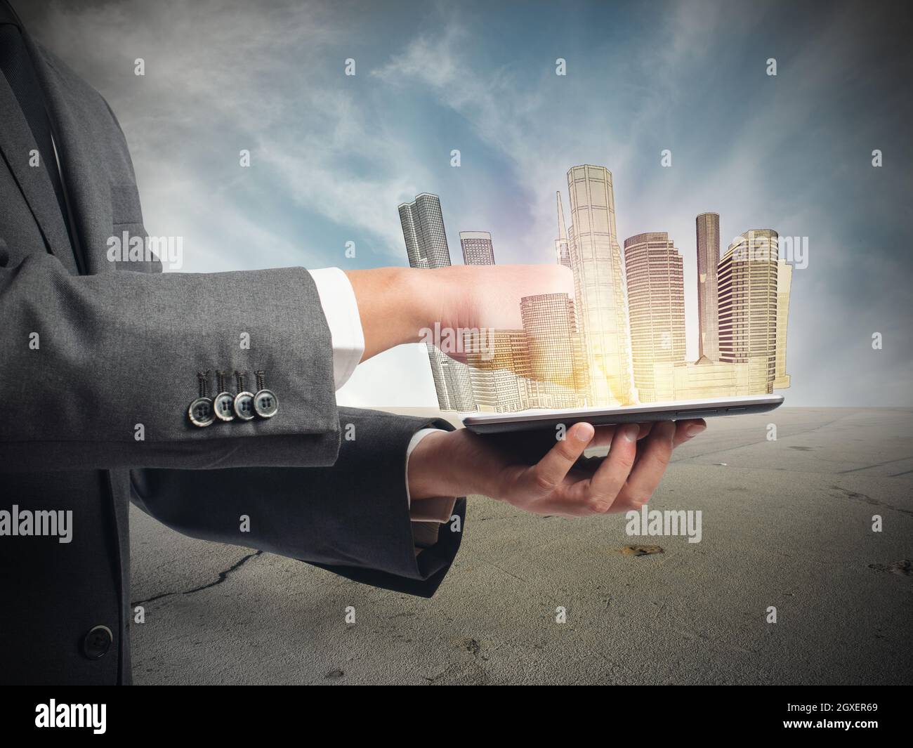 Architect shows urban vision into desert place Stock Photo - Alamy
